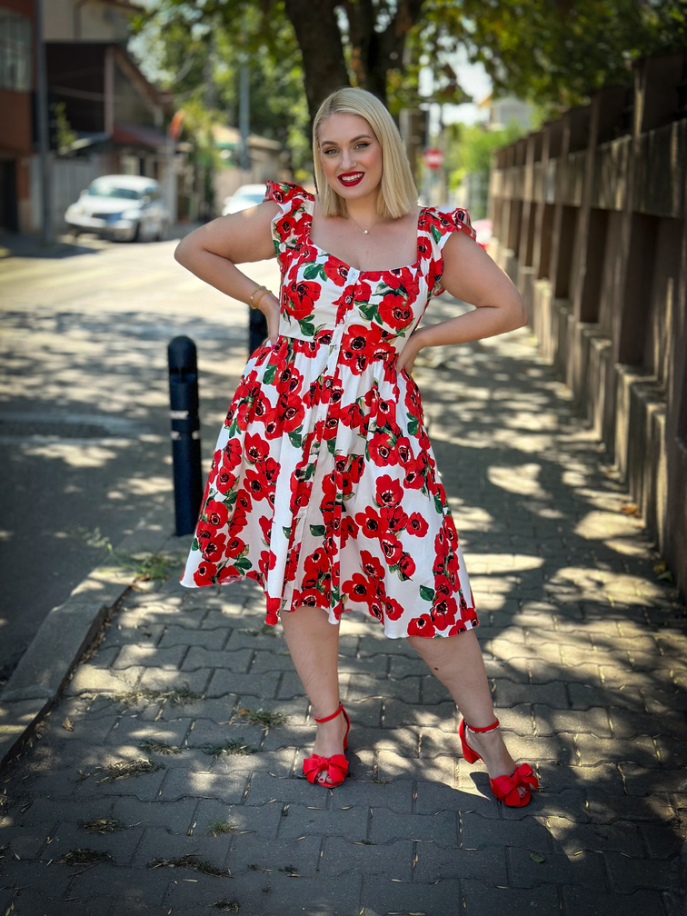 Rochia Simona cu maci din bumbac satinat - IDU Fashion