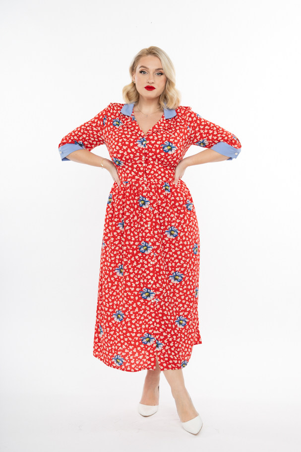 Rochia Andra roșie cu flori bleu - IDU Fashion