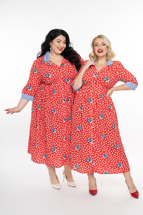 Rochia Andra roșie cu flori bleu - IDU Fashion