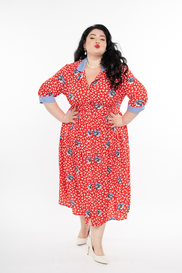 Rochia Andra roșie cu flori bleu - IDU Fashion