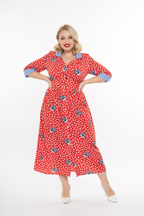 Rochia Andra roșie cu flori bleu - IDU Fashion