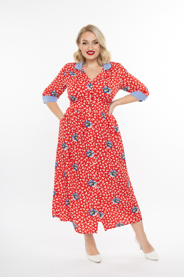 Rochia Andra roșie cu flori bleu - IDU Fashion