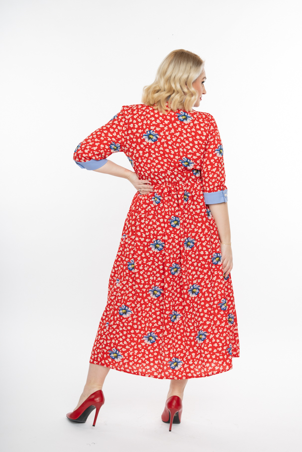 Rochia Andra roșie cu flori bleu - IDU Fashion