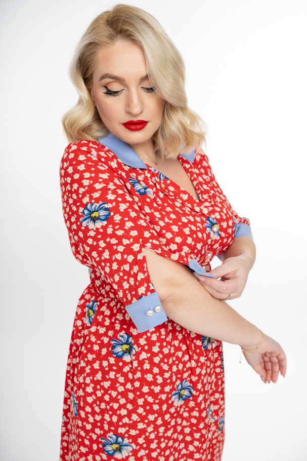 Rochia Andra roșie cu flori bleu - IDU Fashion