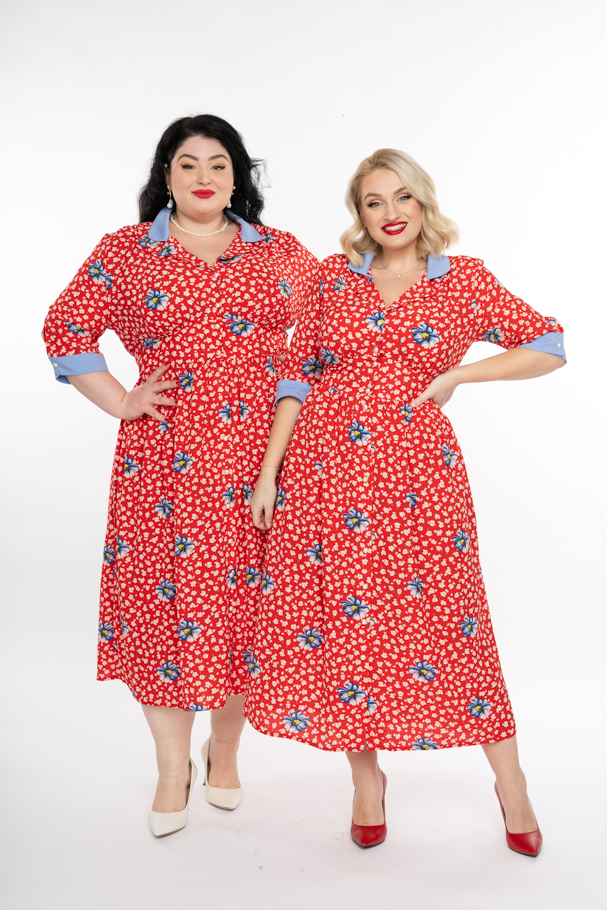 Rochia Andra roșie cu flori bleu - IDU Fashion